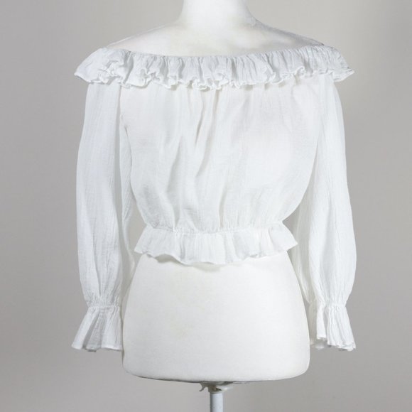 Zara | Tops | Zara Long Sleeve Ruffle White Cotton Offshoulder Gauzy ...